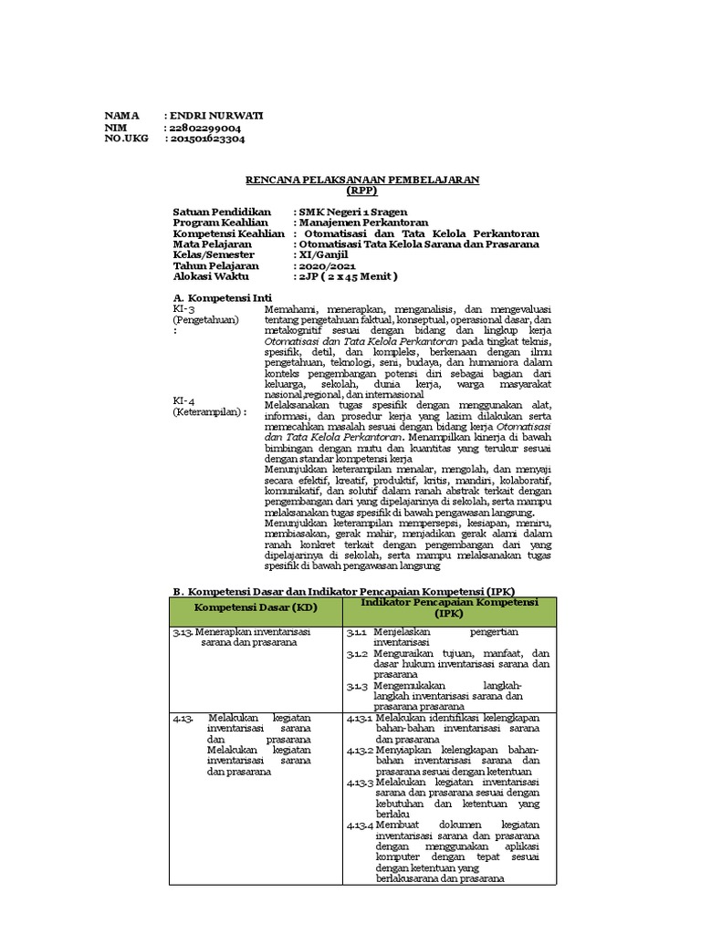 RPP Otk Sarana Dan Prasarana (2) .Docx PPG ENDRIIII | PDF