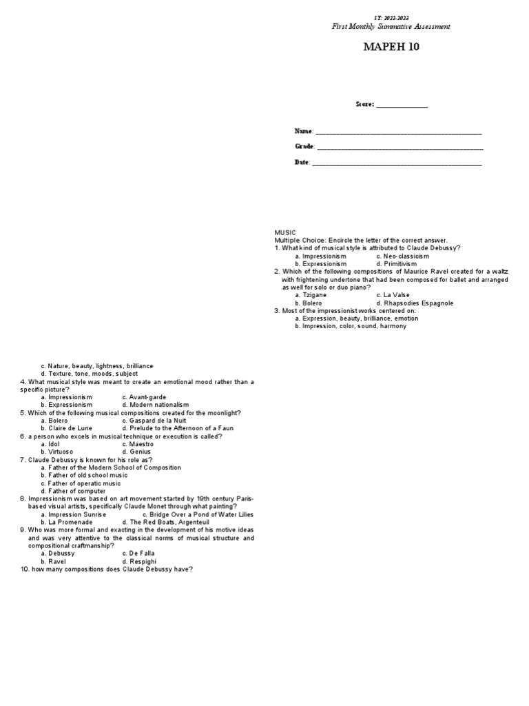 MApeh10 Sum | PDF | Impressionism | The Arts