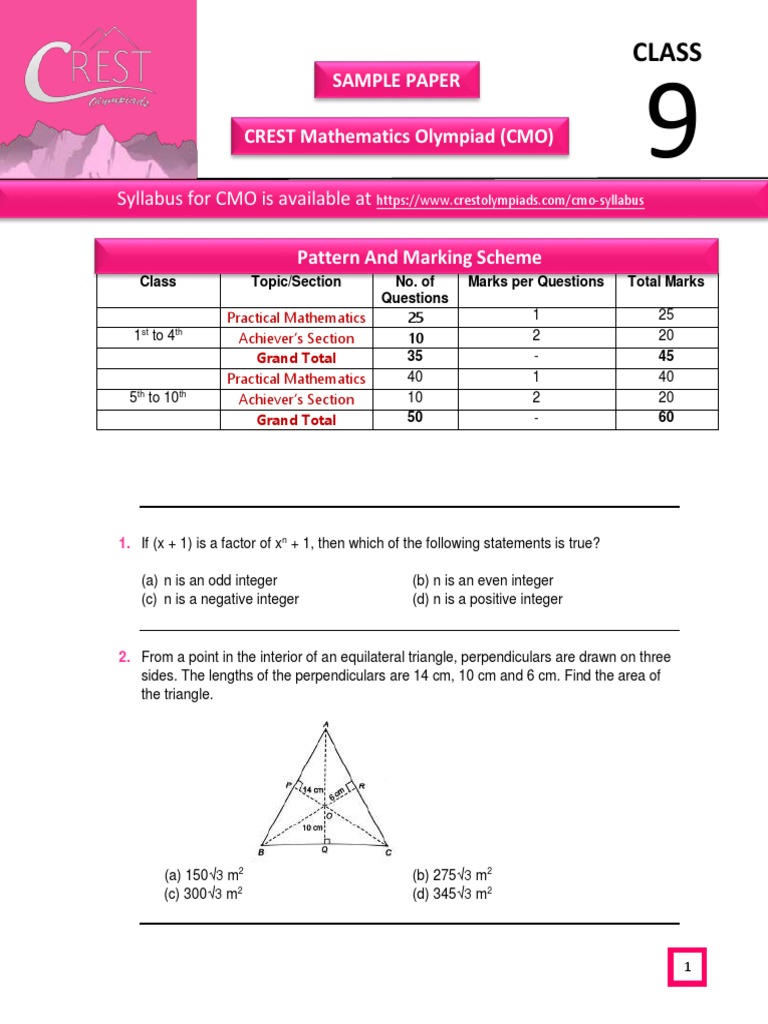 CMO Sample Papers For Class 9 | PDF | Area | Triangle