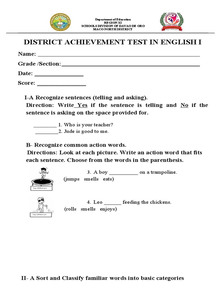 Grade 1 English Achievement Test | PDF
