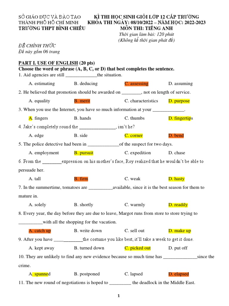 De Hoc Sinh Gioi Tieng Anh 12 Nam 2022 2023 Truong THPT Binh Chieu TP HCM | PDF | Noise | Anxiety