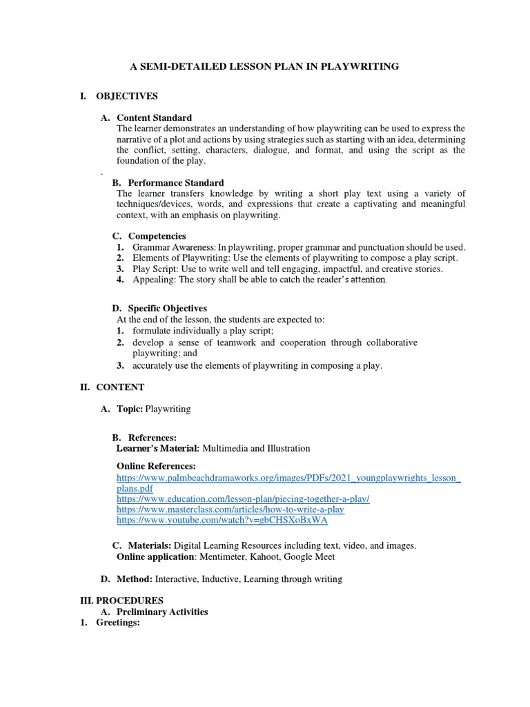 Key Elements of Playwriting Lesson | PDF | Learning | Lesson Plan