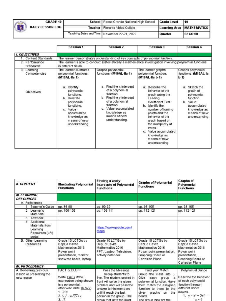 G10 - DLL - 2ND Quarter | PDF | Zero Of A Function | Polynomial