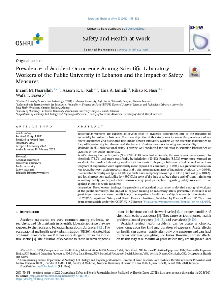 Accident Occurrence Among Scientific Laboratory Workers of The Public ...