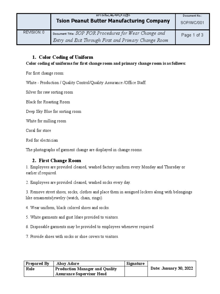 Standard Operating Procedures for Uniform Change Room Protocols at ...