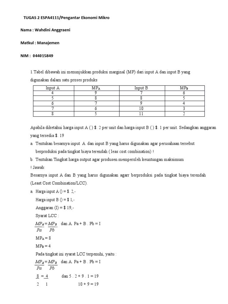 TUGAS 2 ESPA4111 Pengantar Ekonomi Mikro | PDF | Metode & Bahan Ajar