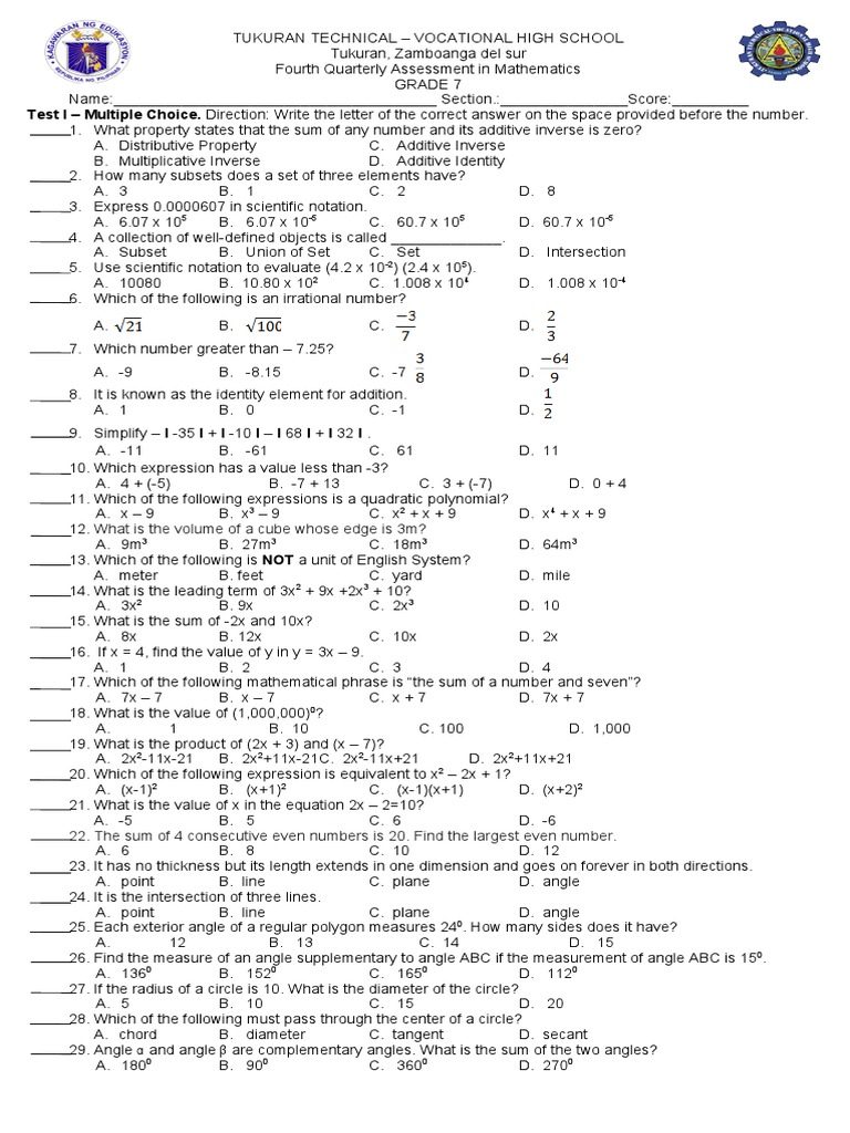 Grade 7 Math Quarterly Assessment | PDF