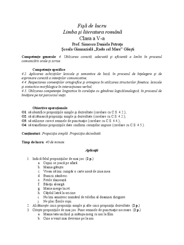 Fisa de Lucru Clasa A Va Propozitia Simpla Si Dezvoltata | PDF