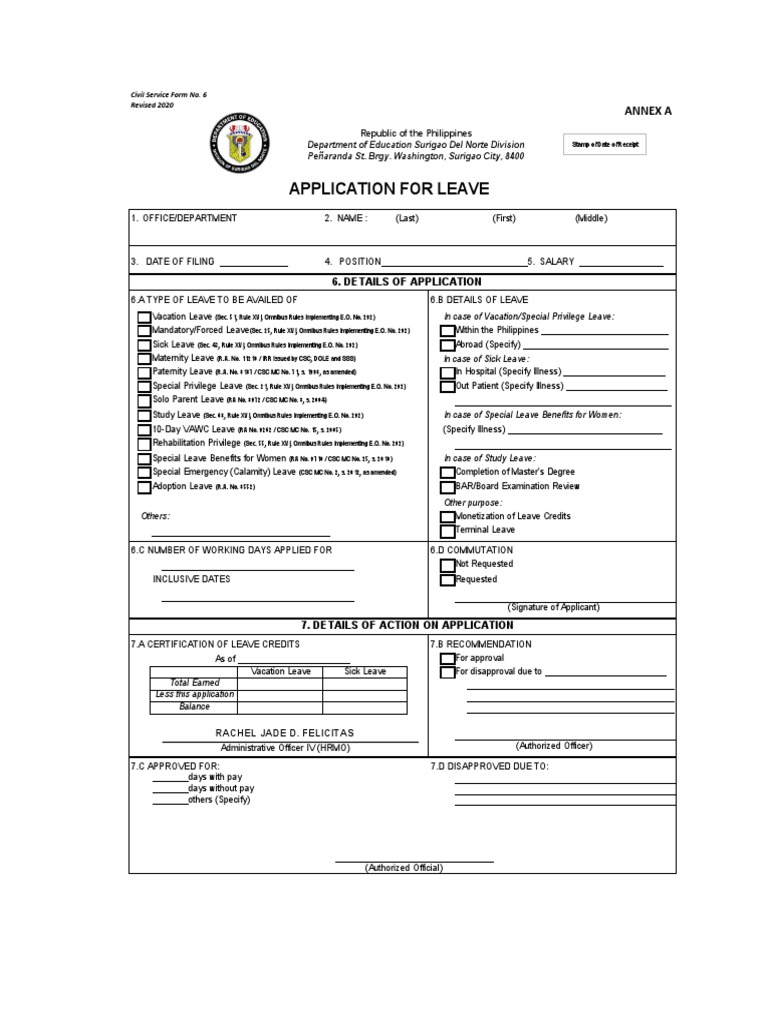 CS Form No. 6 Revised 2020 Application For Leave Secured | PDF | Parental Leave | Sick Leave
