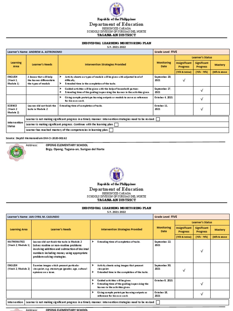 1 Sample Individual Learning Monitoring Plan | PDF | Learning ...
