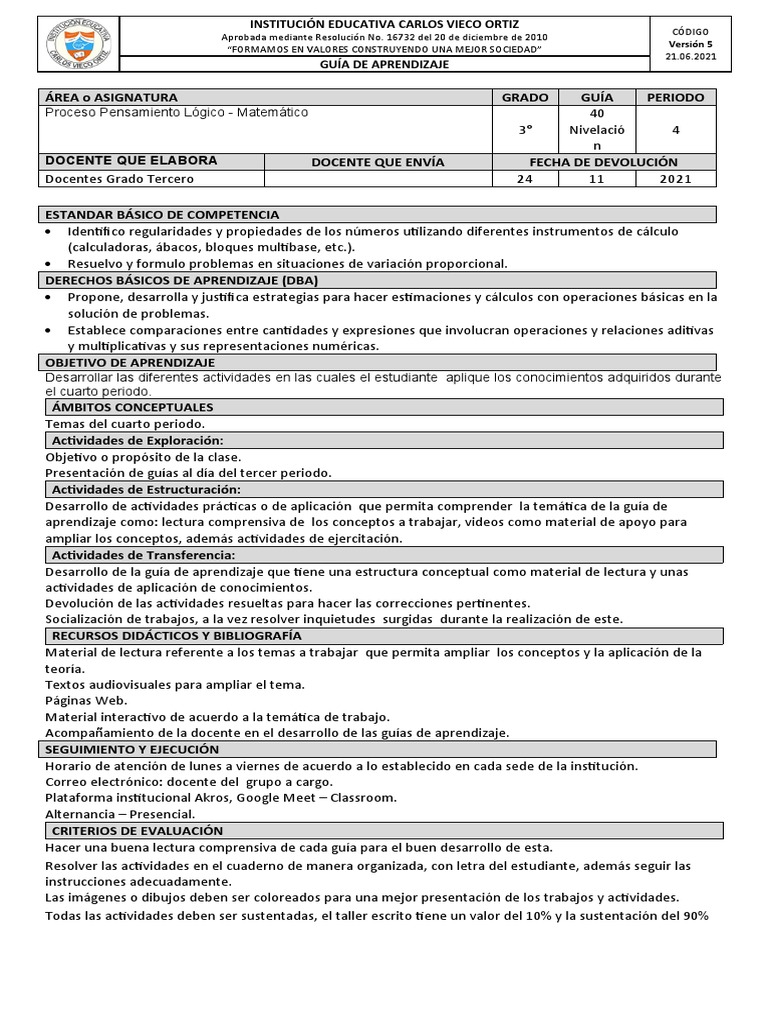 Guía 40 - Proceso Lógico Matemático - Nivelación | PDF | Aprendizaje | Multiplicación