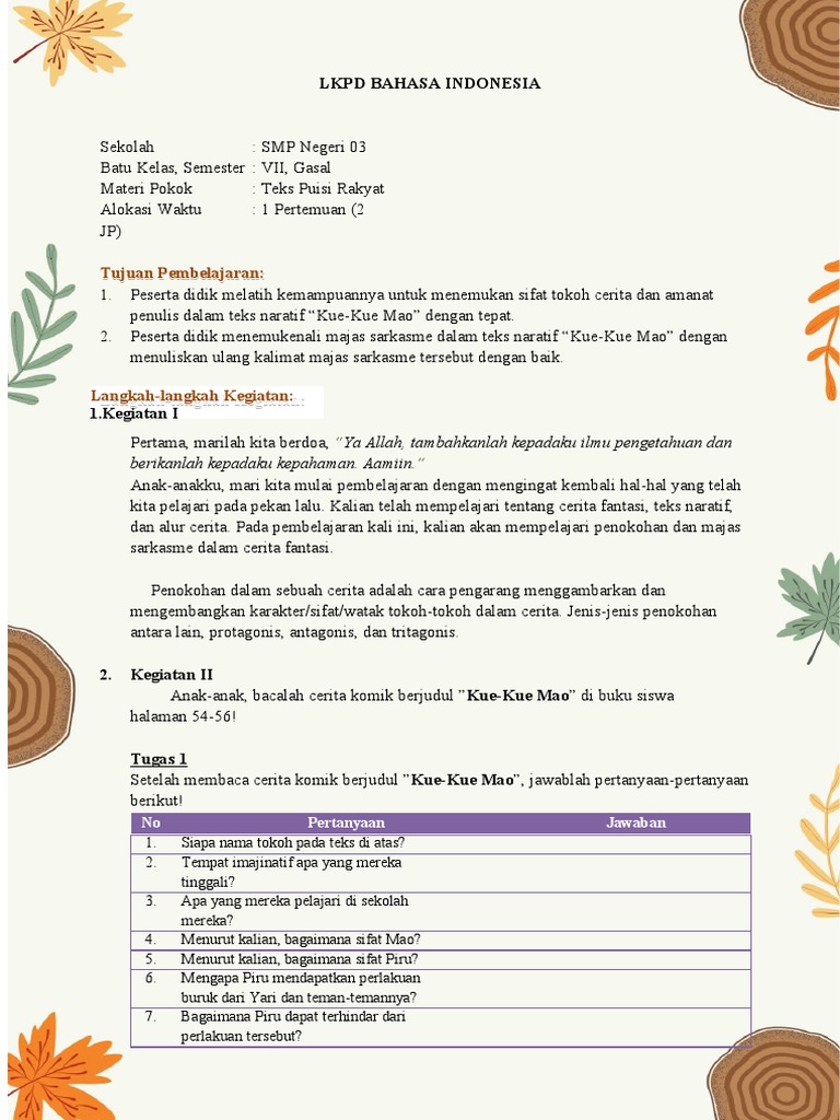 6.4 LKPD Bin Vii - Teks Puisi Rakyat - 4 - 20 September 2021 | PDF