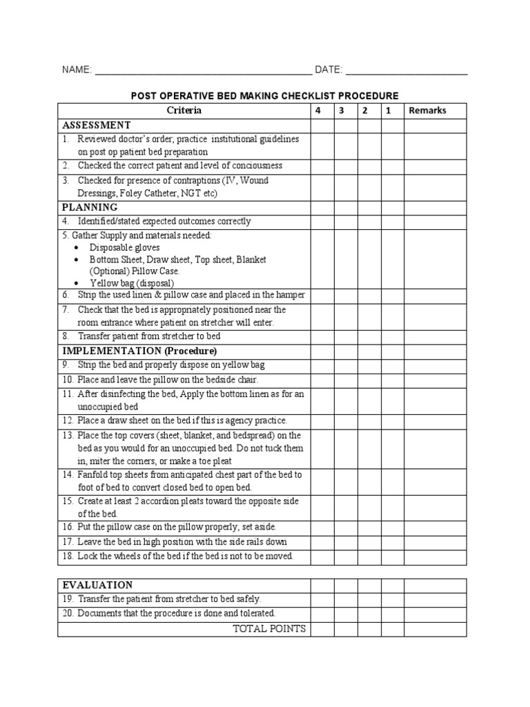 Post Op Bed Making Checklist | PDF | Surgery | Bed
