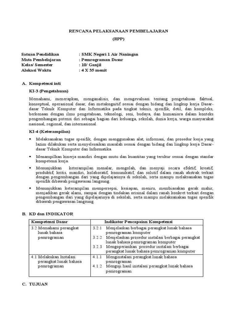 RPP Pemrograman Dasar SMK 10 Ganjil | PDF