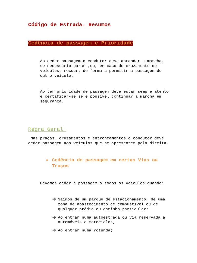 Código de Estrada (Resumos Finalizado) | PDF