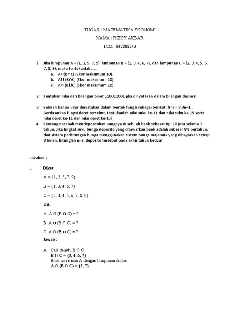 Tugas 1 Matematika Ekonomi | PDF | Sains & Matematika | Teknologi ...