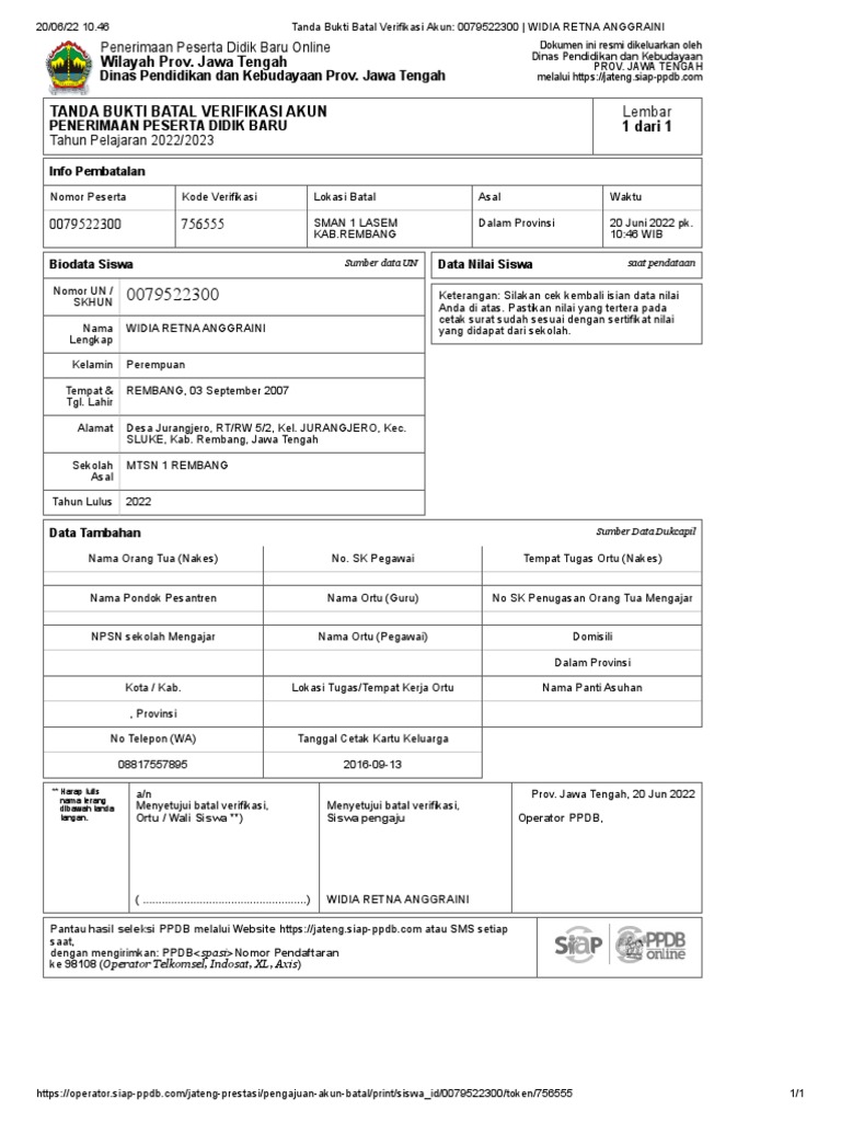 Tanda Bukti Batal Verifikasi Akun - 0079522300 - WIDIA RETNA ANGGRAINI ...