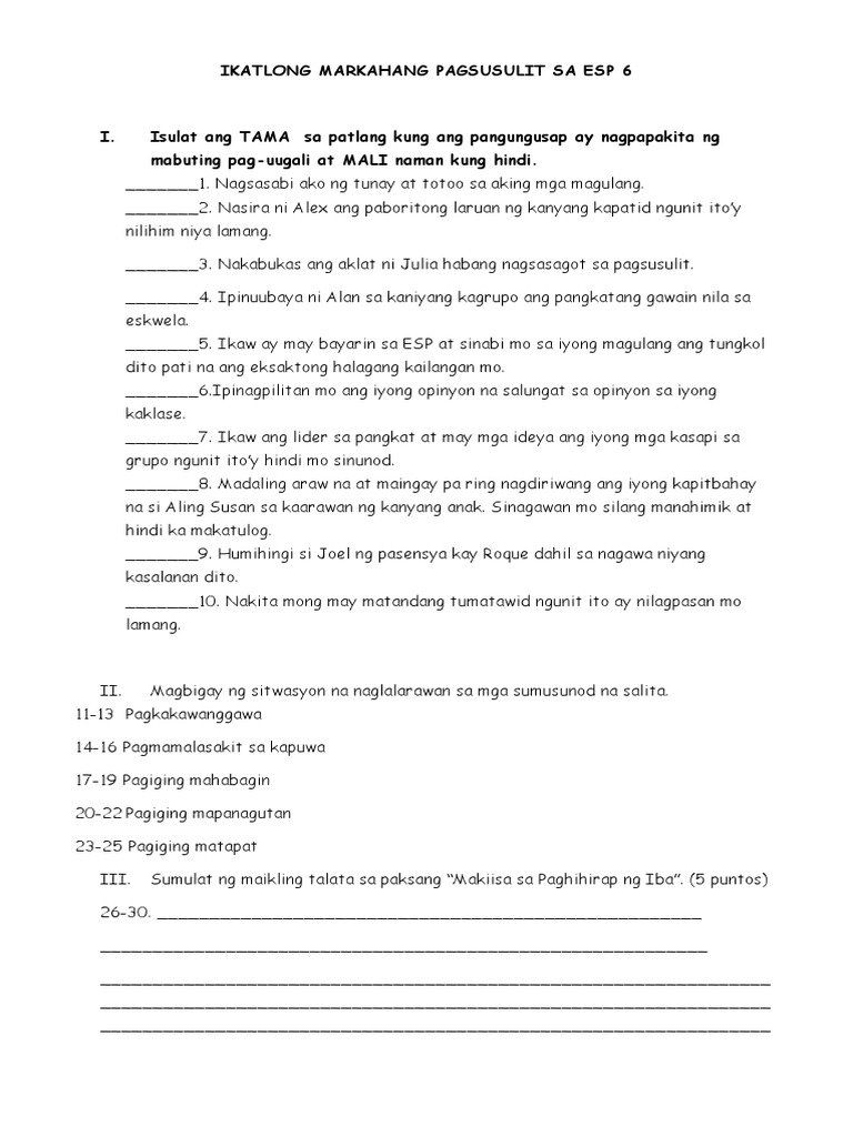 3RD Qtr. Test Grade 6 | PDF
