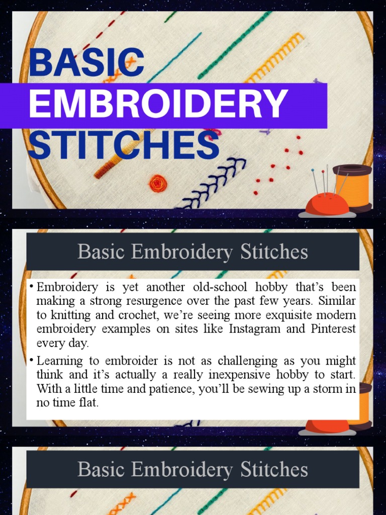 Basic Embroidery Stitches | PDF | Embroidery | Textiles