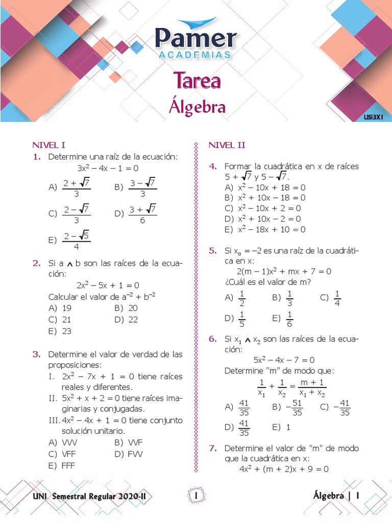 Álgebra - Sem 1 | PDF | Ecuación cuadrática | Ecuaciones