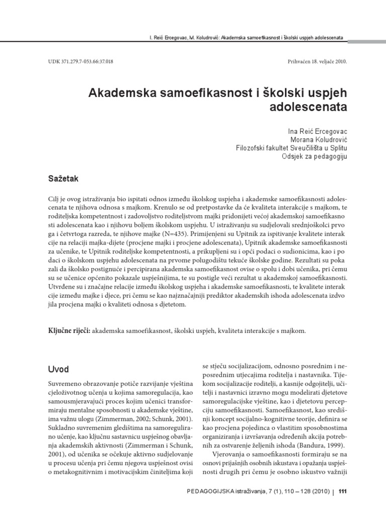 Akademska Samoefikasnost I Školski Uspjeh Adolescenata | PDF