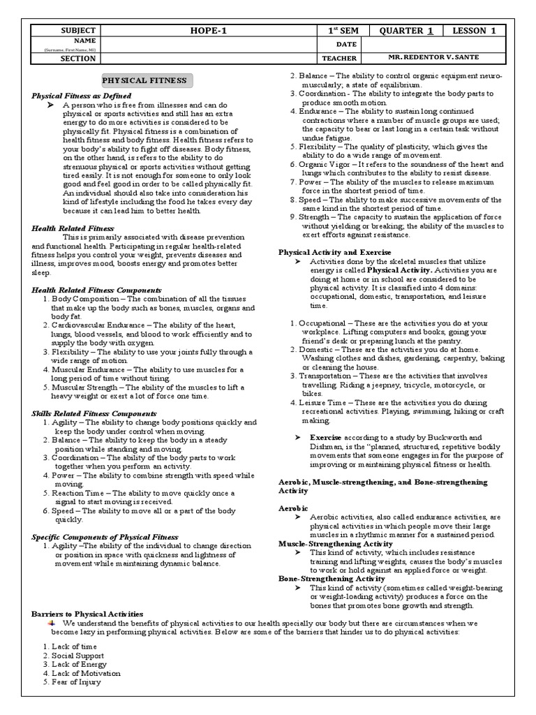 HOPE I Module and Worksheet Q1 LESSON 1 Physical Fitness I | PDF ...