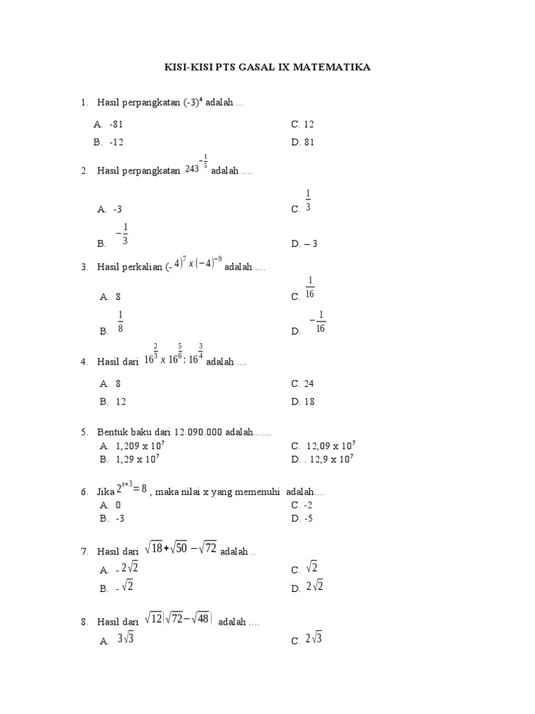 KISI Persiapan Pts Mat | PDF