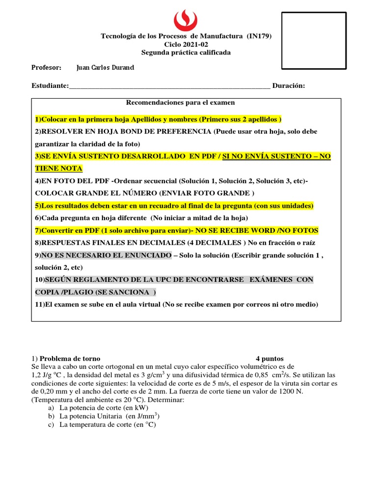 PC2 - Proceso Manufactura - 2021-02 | PDF | Perforar | Ingeniería mecánica
