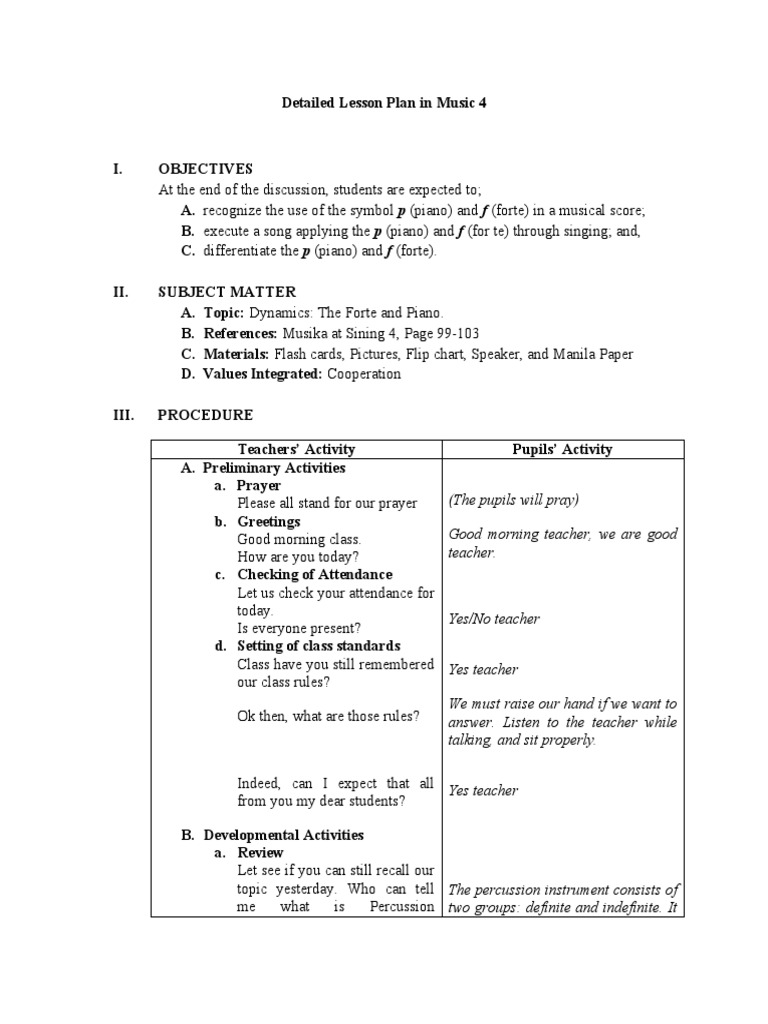 Dynamics in Music: Grade 4 Lesson Plan | PDF