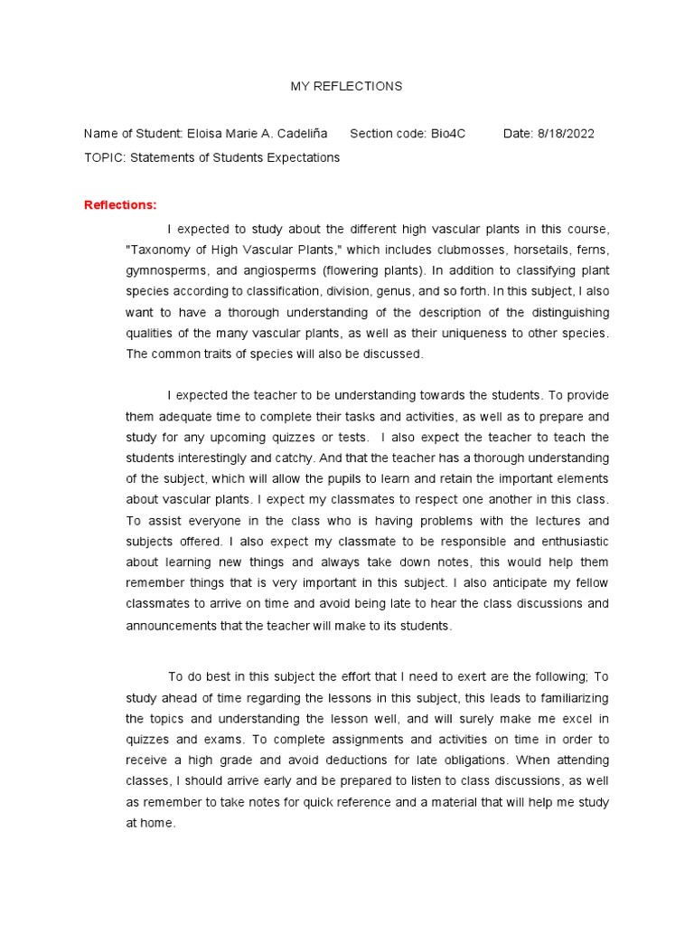 Cadelina4C - Biology65 - Reflection Paper | PDF | Teachers | Plants
