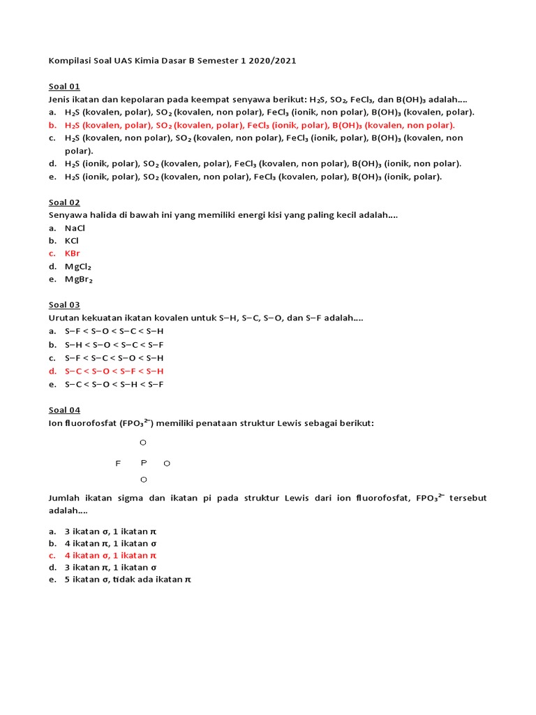 Kompilasi Soal UAS Kimia Dasar B Semester 1 2020-2021 - revCLR (1) - revIM 3 | PDF | Sains ...