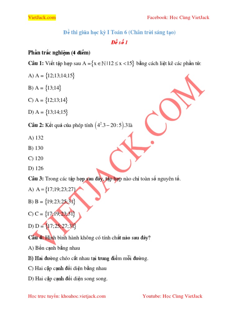 De Thi Giua Ki 1 Toan Lop 6 Co Dap An Chan Troi Sang Tao | PDF