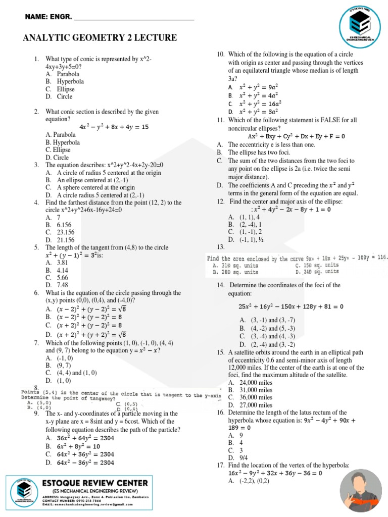 Analytic Geometry 2-Handouts | PDF | Ellipse | Circle