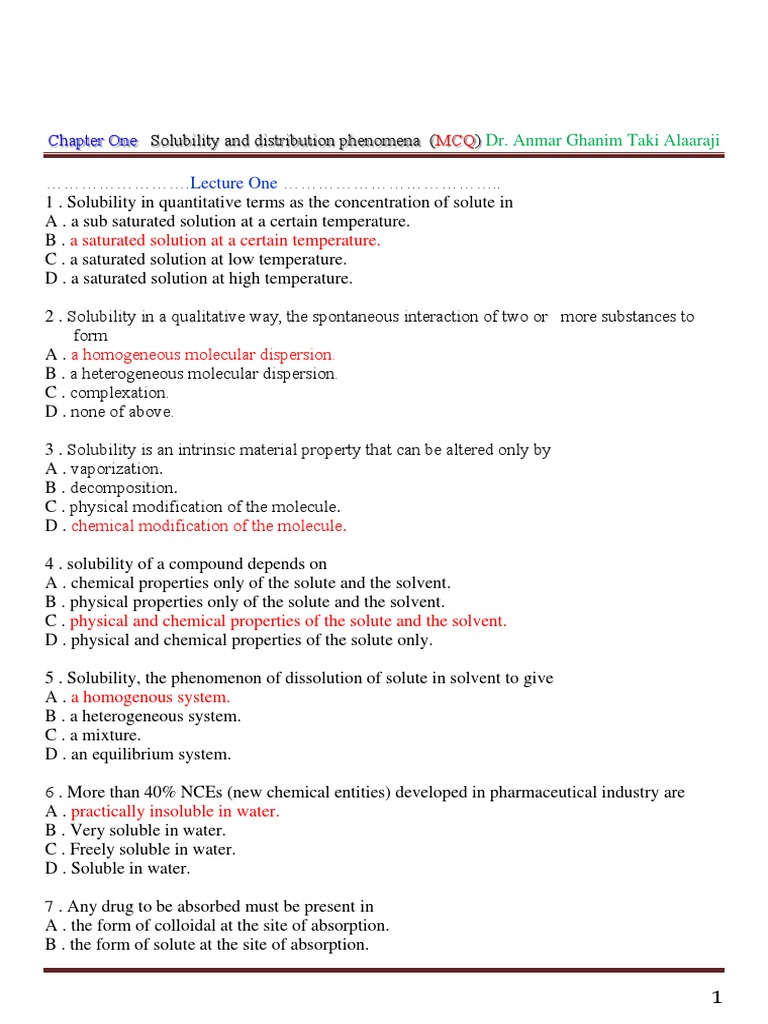 MCQ Solubility Chapter One 20220403 | PDF | Solubility | Chemical Polarity