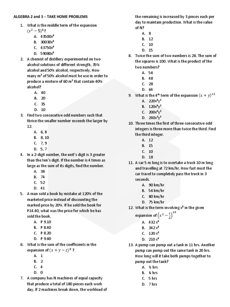 Algebra 2 Take Home Problems | PDF | Numbers | Logarithm