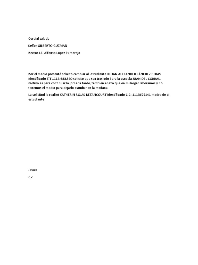 Carta Solicitud Cambio Escuela Pdf
