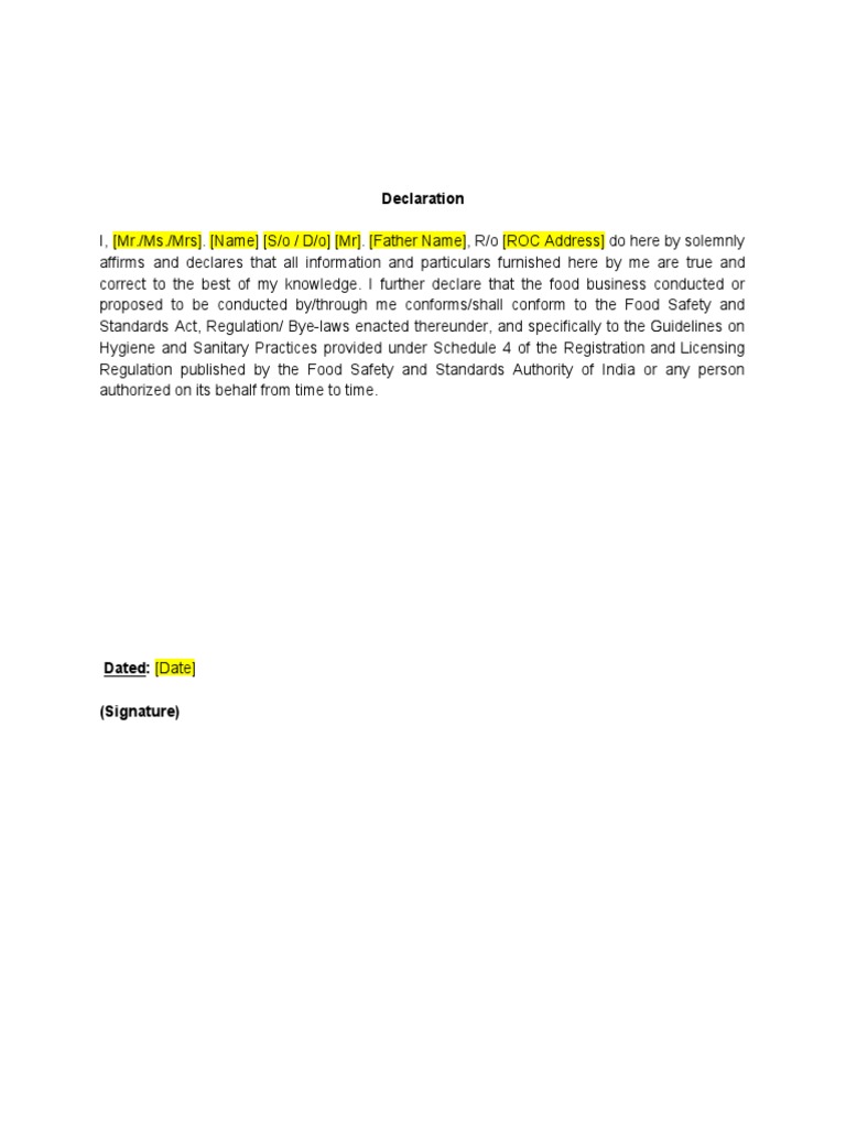 FSSAI Self Declaration Form Template | PDF