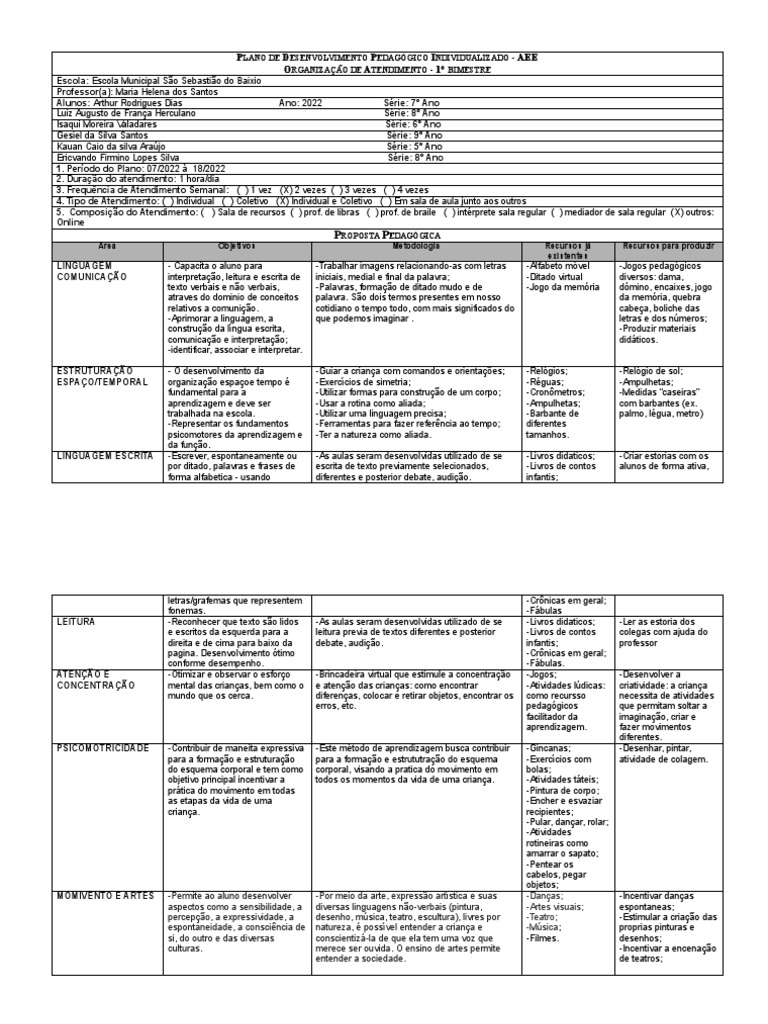 1° Bimestre Plano de Desenvolvimento Individualizado Aee 2022 ...
