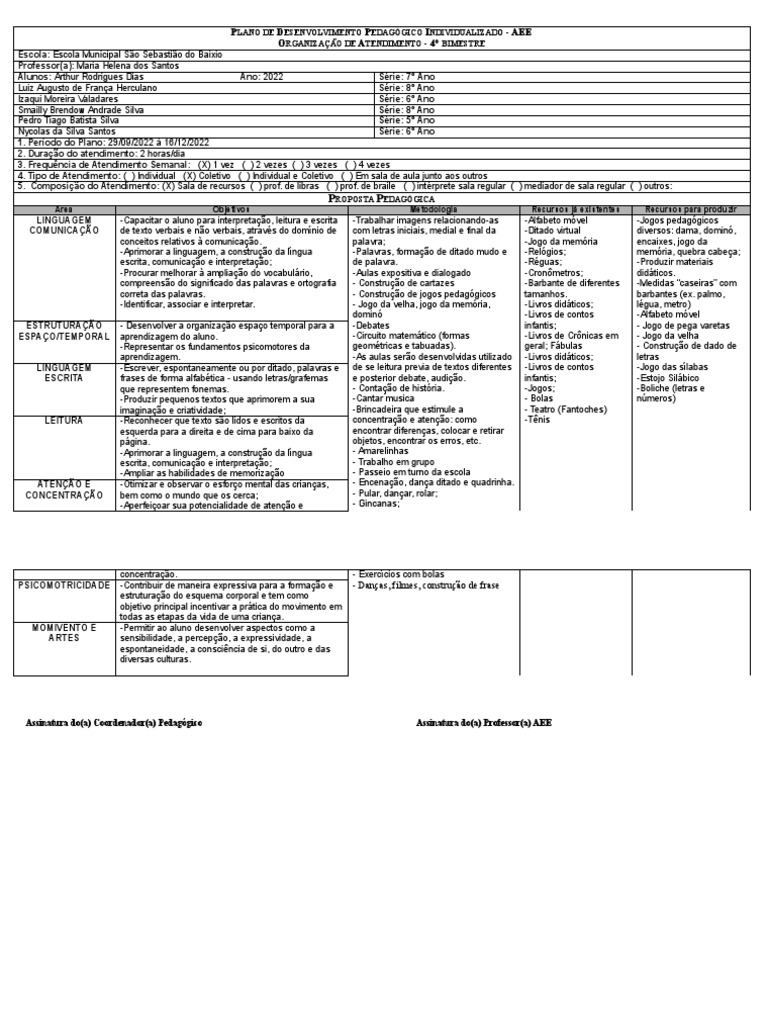 4° Bimestre Plano de Desenvolvimento Individualizado Aee 2022 @ | PDF | Palavra | Escrita