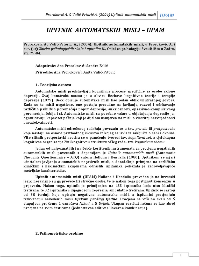 ATQ - o Upitniku Automatskih Misliti | PDF