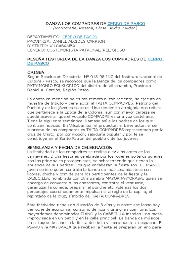 Danza de los Compadres en Cerro de Pasco | PDF