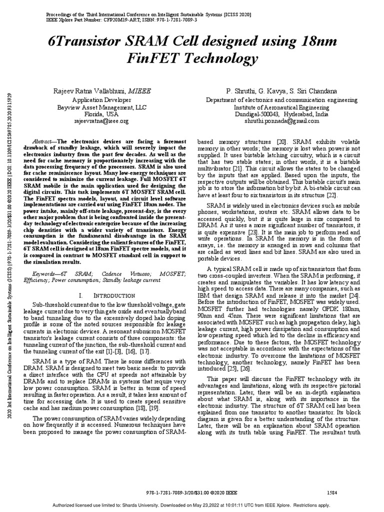 6transistor SRAM Cell Designed Using 18nm FinFET Technology | PDF