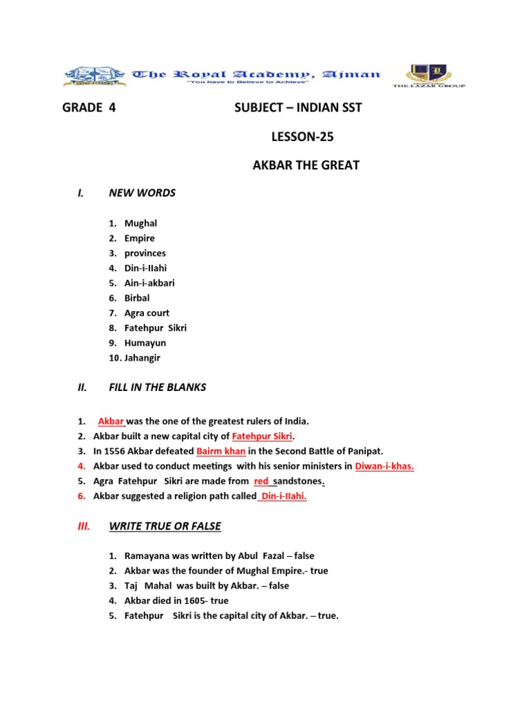 Grade 4 Akbar The Great Notes 22-4 | PDF