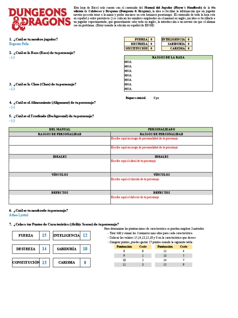 D&D 5E - Hoja de Personaje V2.0.Xlsx Versión 1 | PDF | Calabozos y Dragones | Herramientas