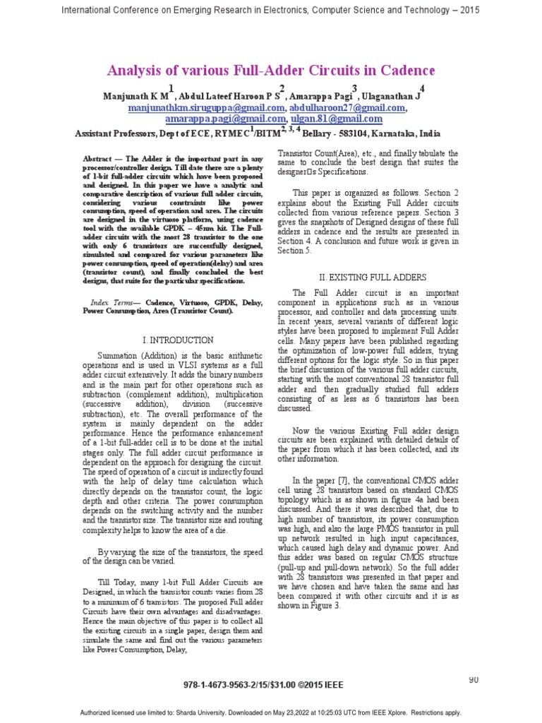 Analysis of Various Full-Adder Circuits in Cadence | PDF | Logic Gate ... Analysis of Various Full-Adder Circuits in Cadence | PDF | Logic Gate ...