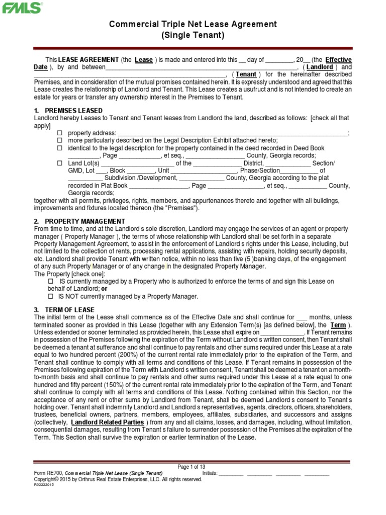 RE700 - Commercial Triple Net Lease (Single Tenant) | PDF | Lease ...