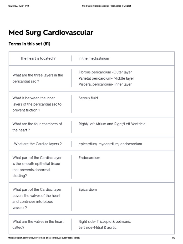 Med Surg Cardiovascular Flashcards - Quizlet | PDF | Heart | Physiology