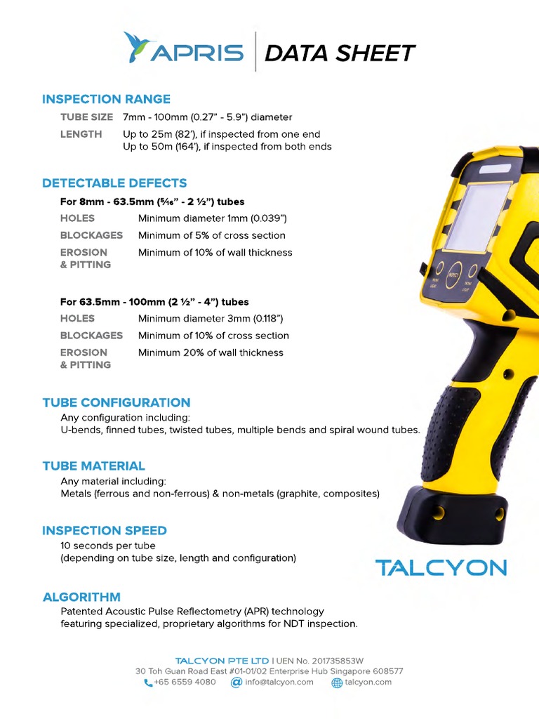 APRIS Ultrasonic Tube Inspection System Technical Data Sheet | PDF ...