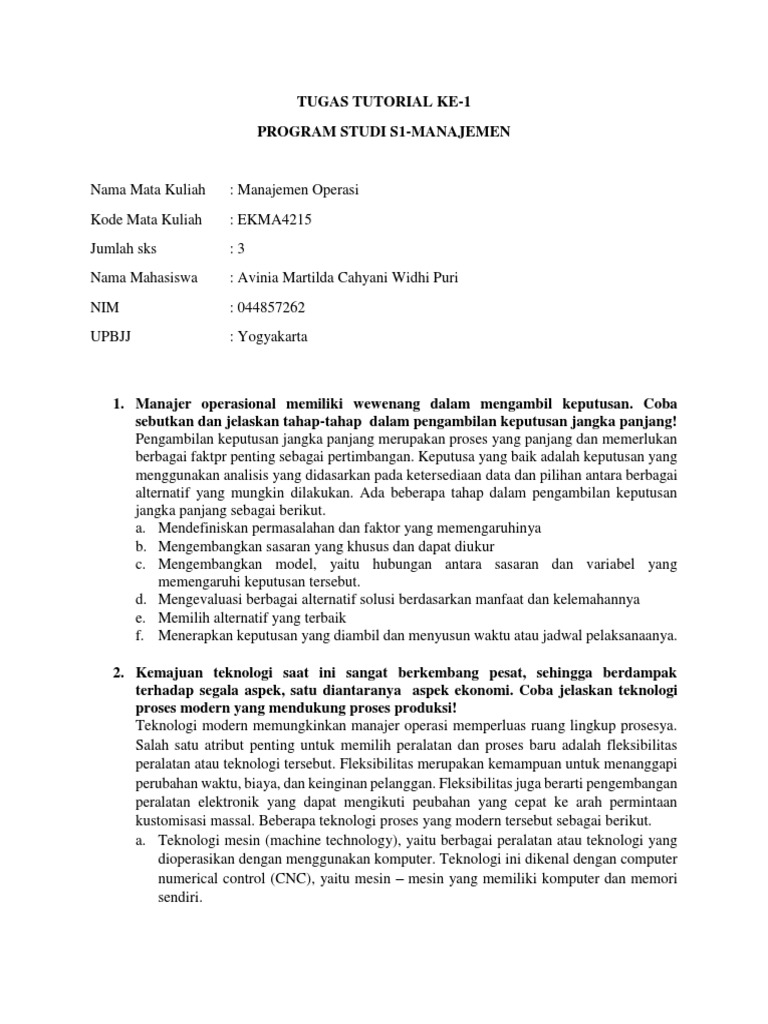 Tugas Tutorial Ke 1 Manajemen Operasi | PDF