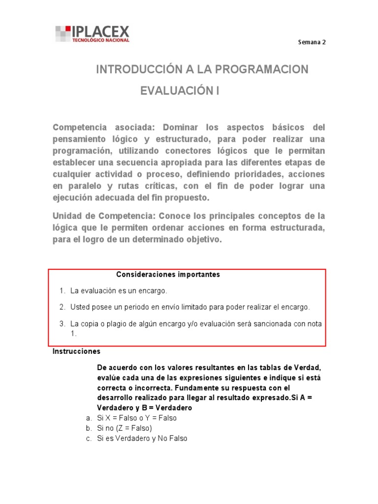 Eva 1 Introducción A La Programación | PDF | Evaluación | Verdad